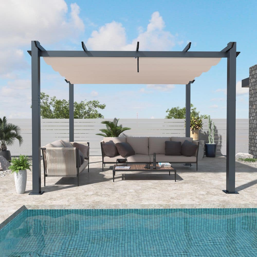 VEIKOUS 10 ft. W x 10 ft. D Aluminum Pergola Outdoor with Beige ...