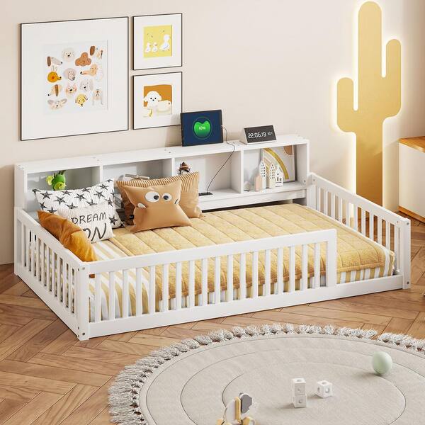 Nestfair White Twin XL Wood Floor Bed Daybed with USB Ports and Storage ...