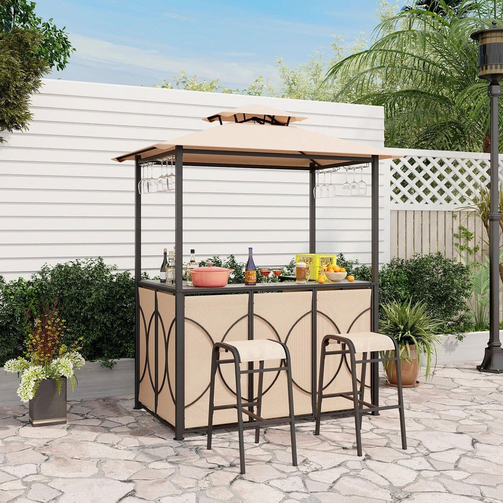 ANGELES HOME 3-Piece Metal Outdoor Bistro Set Grill Gazebo & 2 Bar ...