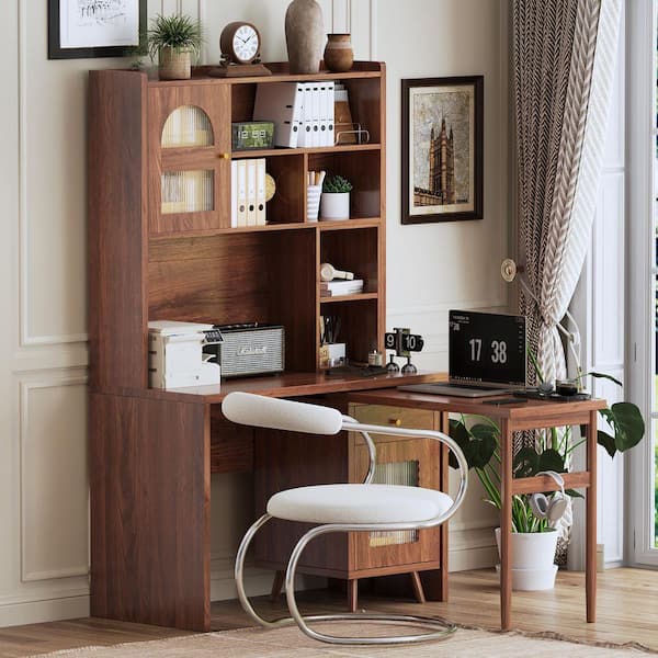 43 in. Walnut 1-Drawer Computer Desk with 90° Rotating Desktop Writing ...