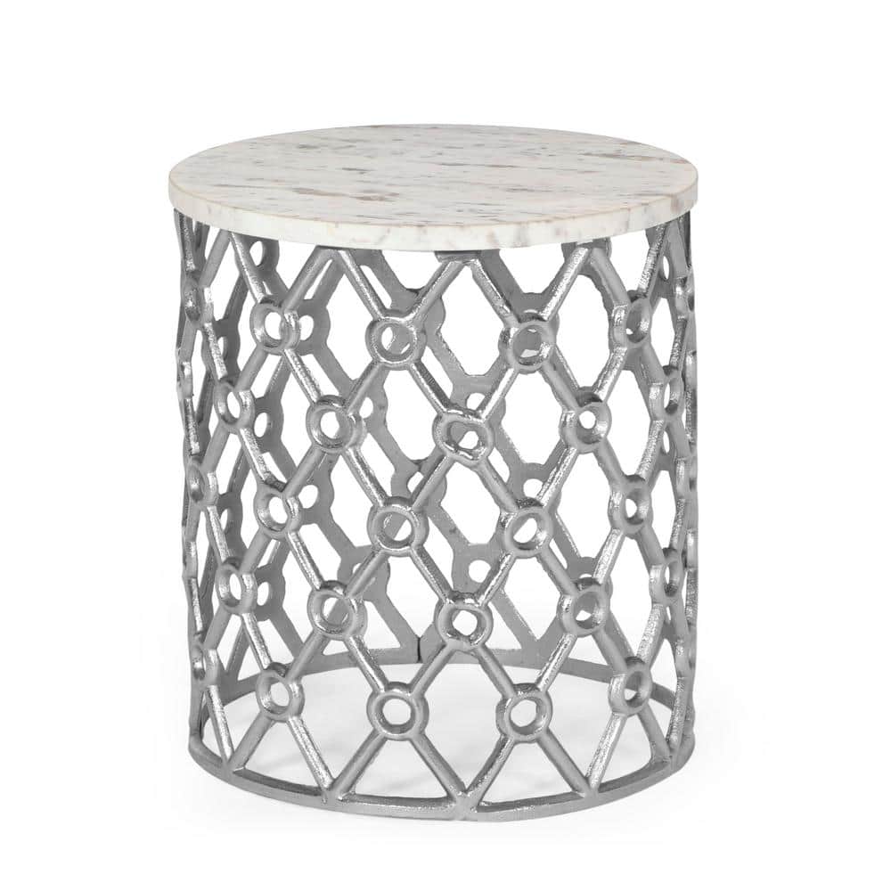 Noble House Peniel 14 in. Nickel and White Round Marble Top Side Table ...