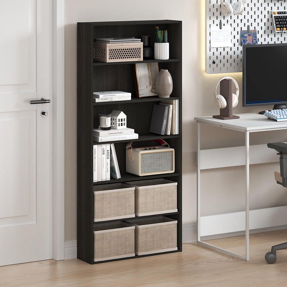 Furinno Basic 52.76 in. Tall Espresso Wood 6-Shelf Bookcase with Open ...