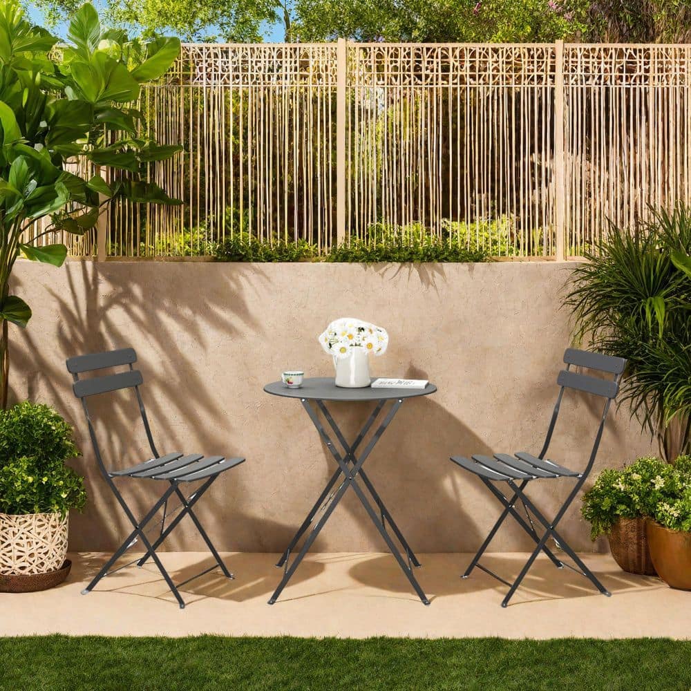 3-Piece Gray Metal Folding Outdoor Bistro Set with Beige Cushions GBS ...
