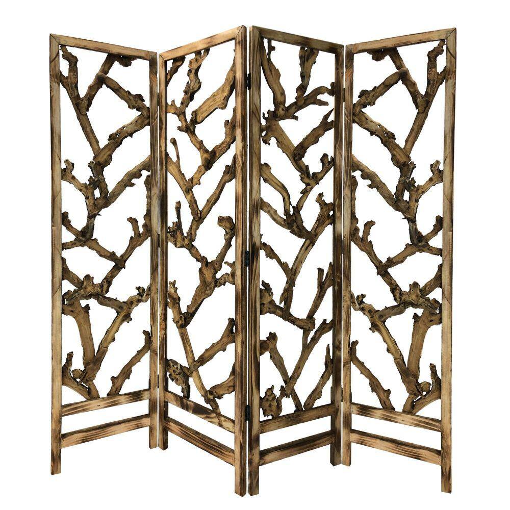 Benjara Brown 4-Panel Wooden Screen with Mulberry Alpine Like Branches ...