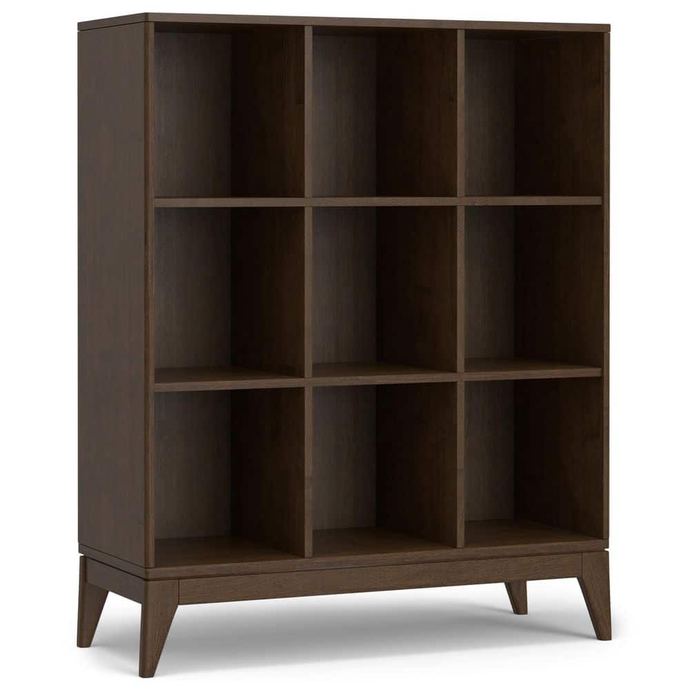 Simpli Home Harper 52 in. H Walnut Brown SOLID HARDWOOD 9-Shelf 9 Cube ...
