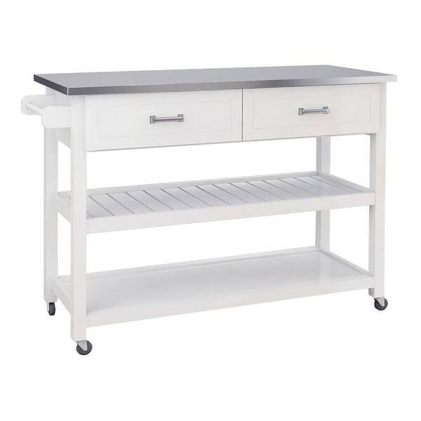 White Wood Kitchen Cart with Open Shelves, Towel Rack, Drawer and ...