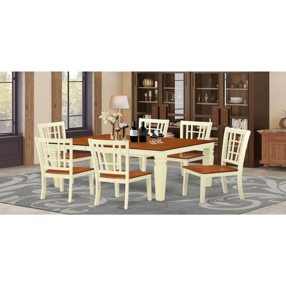 East West Furniture 7-Piece Buttermilk and Cherry Finish Solid Wood Top ...