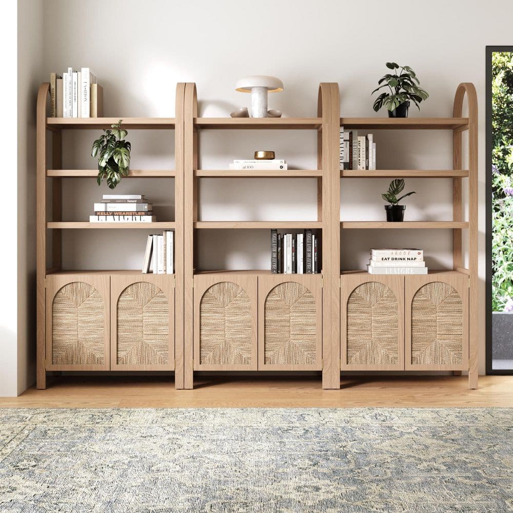Nathan James Leah 71 in. Tall Seagrass Raw Oak Solid Wood 3-Shelf Bookcase Cabinet with Arched ...