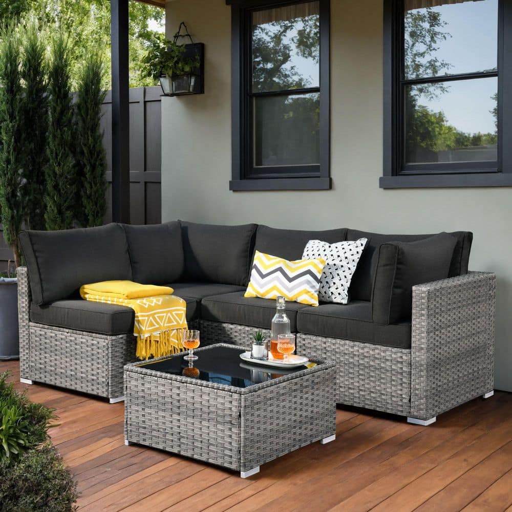 XIZZI Regale 5-Piece Wicker Outdoor Sectional Set with Black Cushions ...