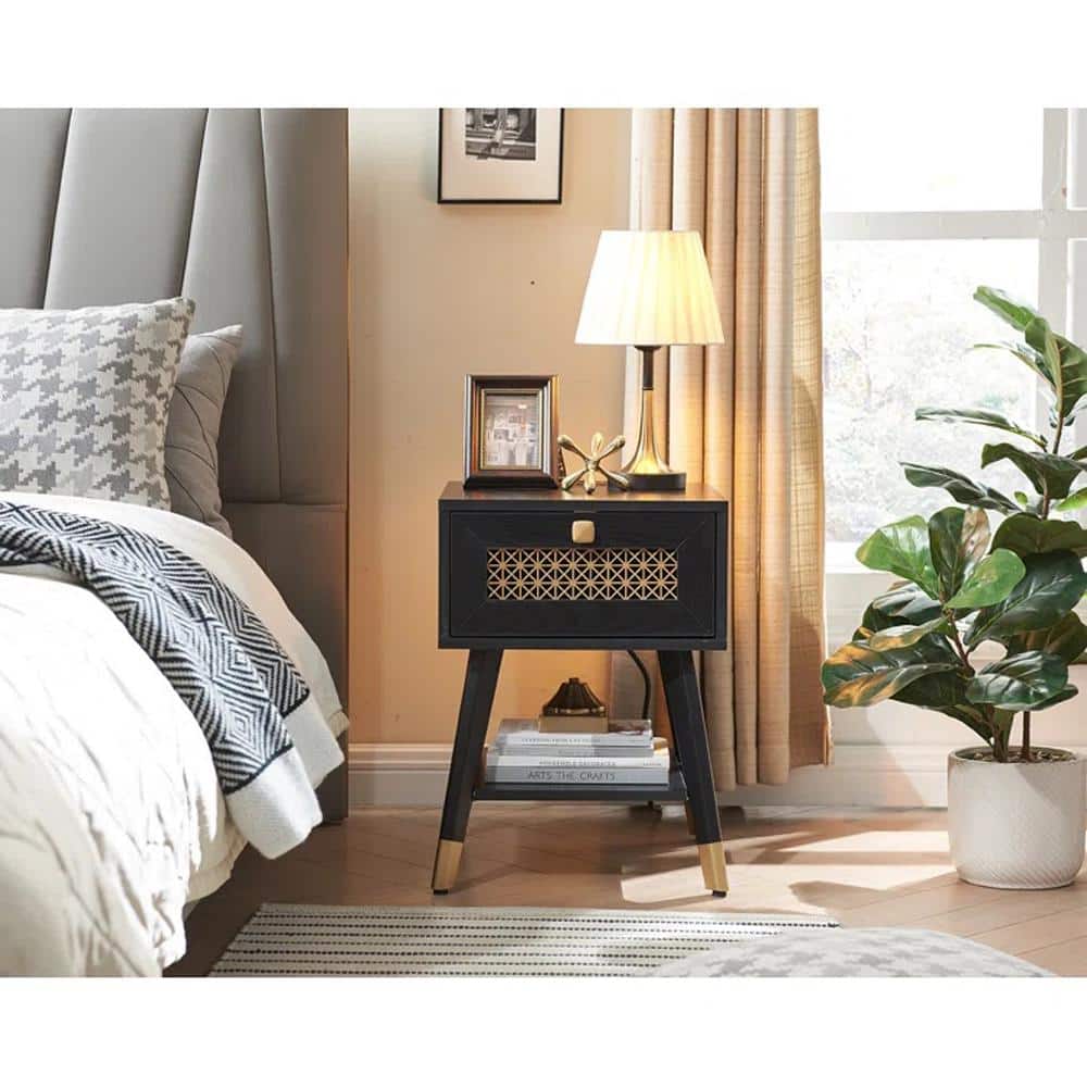 Edwin's Choice 15.8 in. Black Square End Table with Storage and Built ...