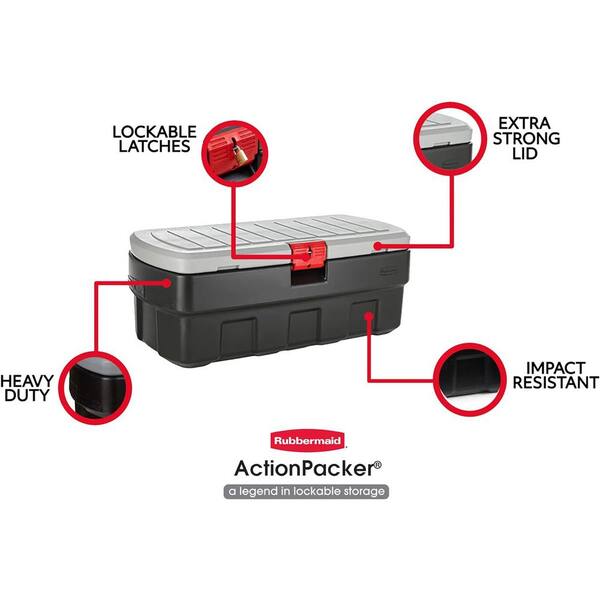 Rubbermaid 48 gal. Black Action Packer Lockable Latch Storage Box Tote ...