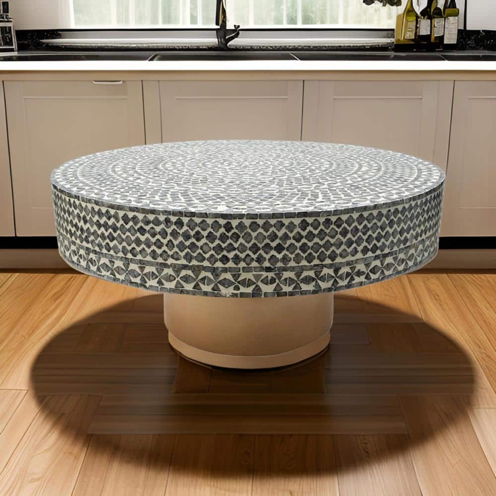 Benjara Piki 35 in. Gray and Brown Round Wood Coffee Table with Round ...