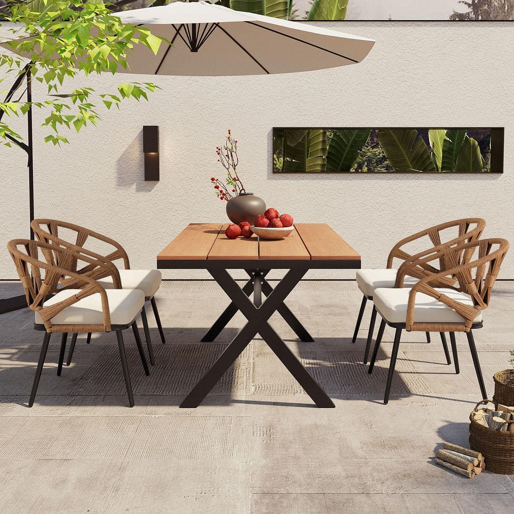 Dark yellow Wood Outdoor Dining Chair with Beige Cushions for Gardens ...