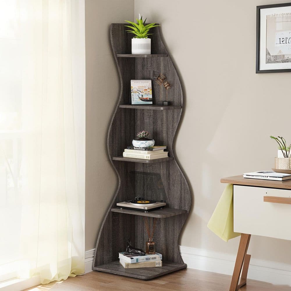 TRIBESIGNS WAY TO ORIGIN Modern 70 in. Tall Gray Wood 5-Shelf Corner ...
