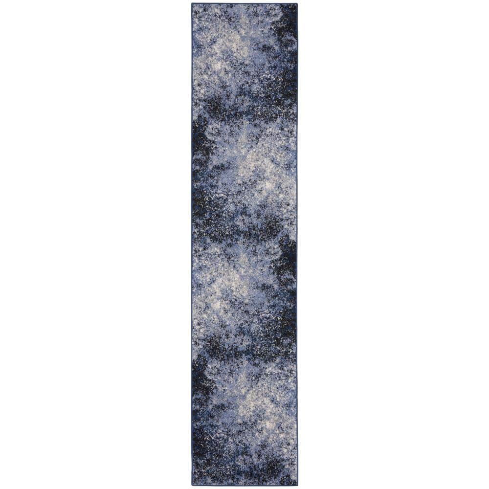 Nourison Passion Light Blue Black 2 ft. x 6 ft. Abstract Contemporary ...