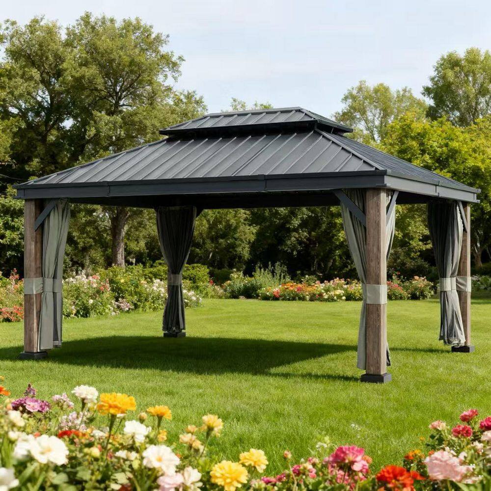 MeetLeisure 16 ft. x 12 ft. Wood Grain Hardtop Gazebo with Double ...