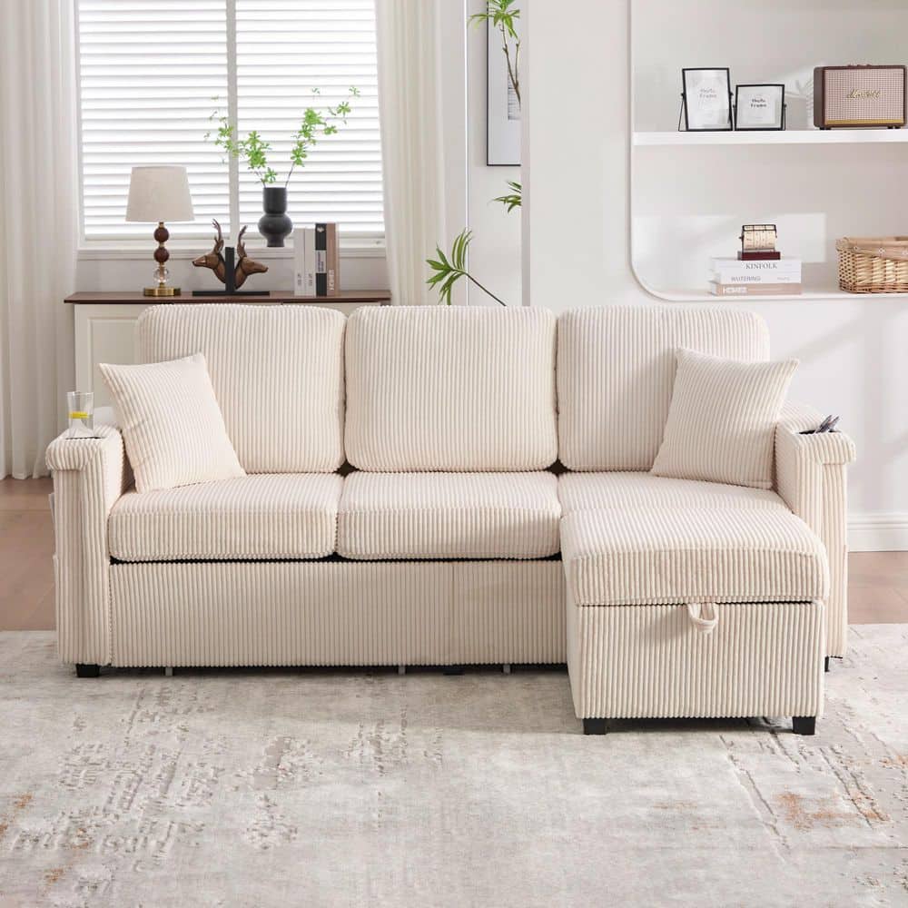 Noble House Elena 76.38 in. Corduroy L-Shaped Sectional Sofa in. Beige ...