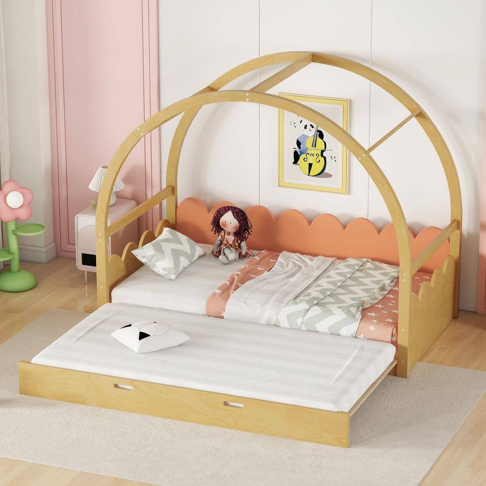 Harper & Bright Designs Extendable Natural and Orange Twin Size Wood ...