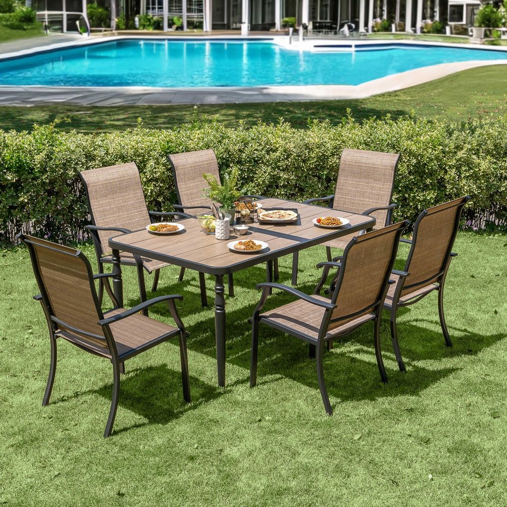 Nuu Garden Black 7-Piece Textilene and Metal Rectangle Outdoor Dining Set with Umbrella Hole and ...