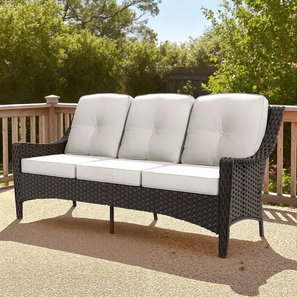 INMITOM 3-Seat Wicker Outdoor Patio Sofa Sectional Couch with Beige ...