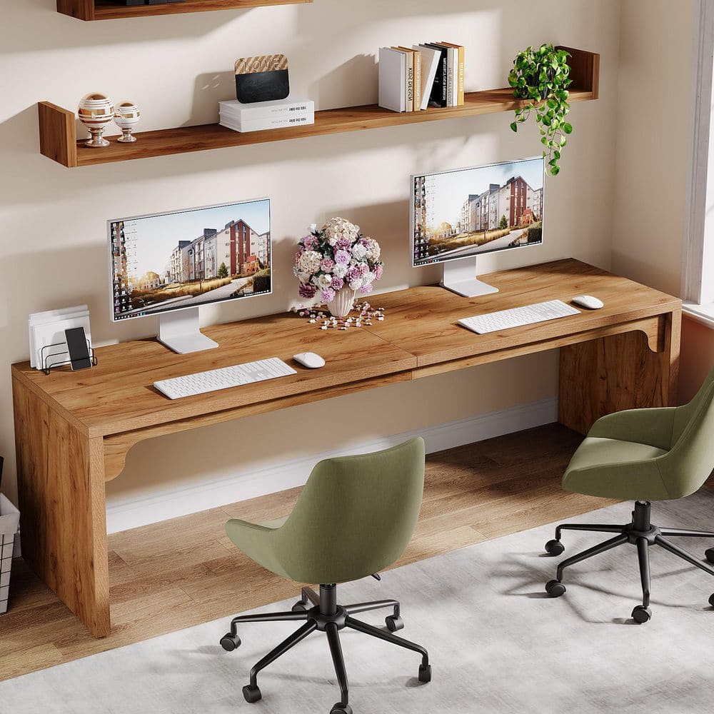 BYBLIGHT 78.7 in. Rectangle Brown Wood Computer Desk, Wooden Long Desk ...