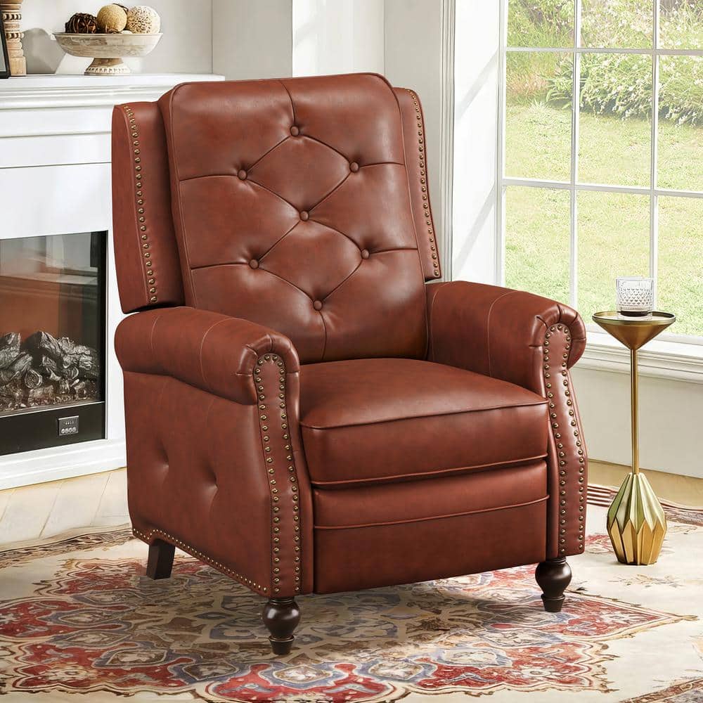 OrangeOne Alano Red Brown Top Genuine Leather Recliner Chair with Push Back Recliner with Nail ...