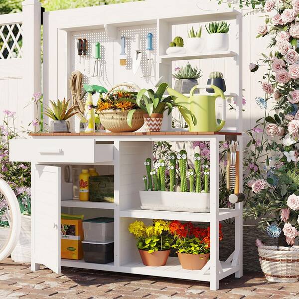 ECOCHIC SPACES INC 50 in. W x 66 in. H White Large Wooden Potting Bench ...