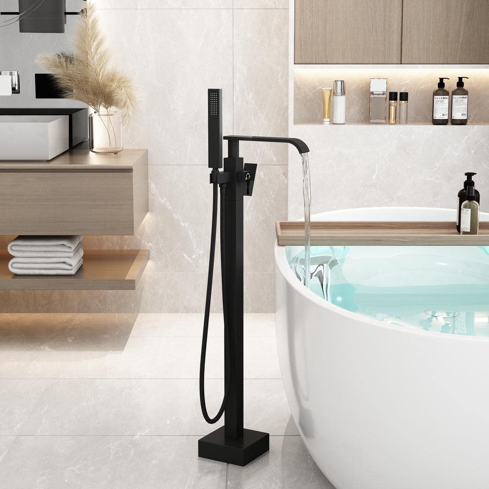 WIAWG Single-Handle Freestanding Floor Mount Tub Faucet Bathtub Filler with Hand Shower in Black ...