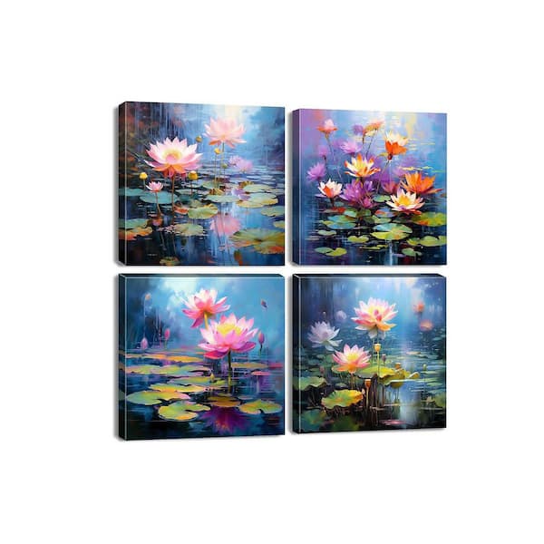 4-Piece Zen Wall Decor Lotus Flower Canvas Wall, Watercolor Floral Oil ...