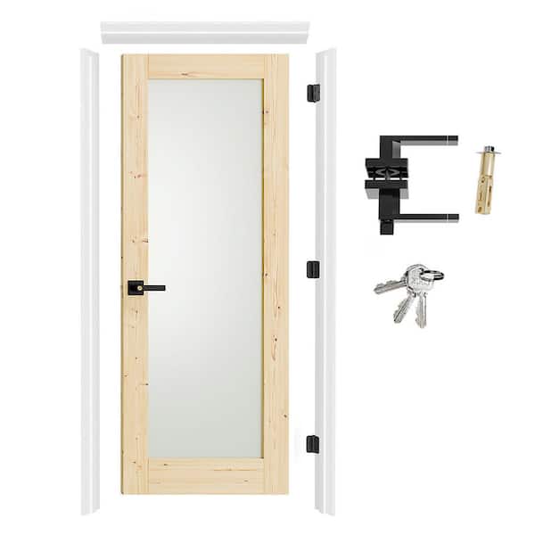 TENONER 32 in. x 80 in. Full Lite Frosted Glass Pine Wood Door with ...