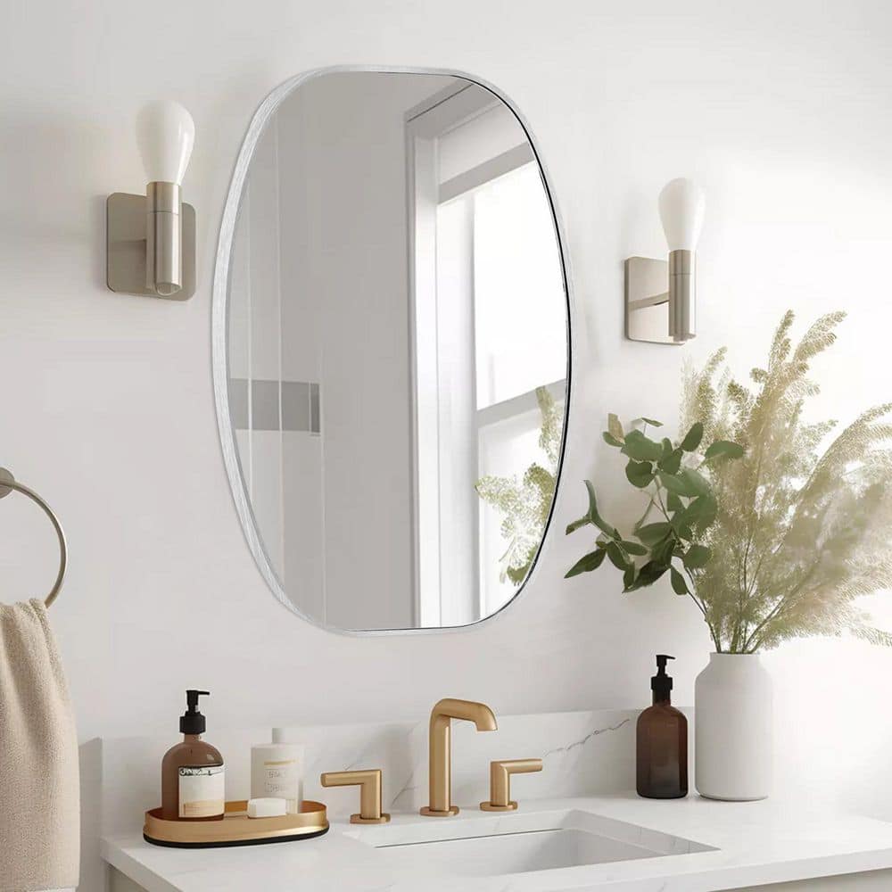 LuxHomez 20 in. W x 30 in. H Modern Oval Aluminum Frame Silver Wall ...