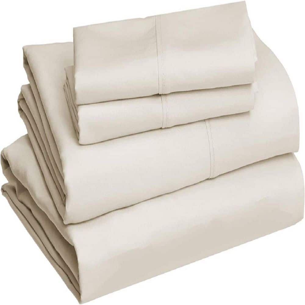 J&V TEXTILES 1000 Thread Count 4-Piece Ivory 100% Cotton Queen Sheet ...