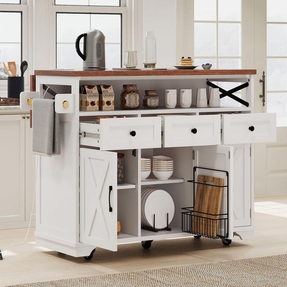 Harper & Bright Designs White Wood Kitchen Cart with Drop Leaf, Drape ...