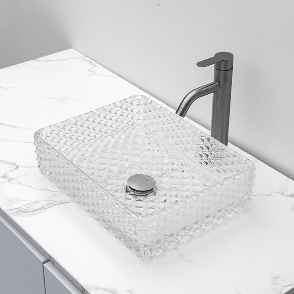LORDEAR 17-1/2 in. Clear Tempered Glass Rectangular Vessel Bathroom ...