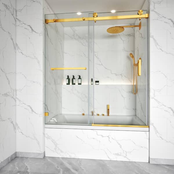 MOHALEN 56-60.5 in. W x 60 in. H Single Sliding Frameless Tub Door in Brushed Gold with 3/8 in ...