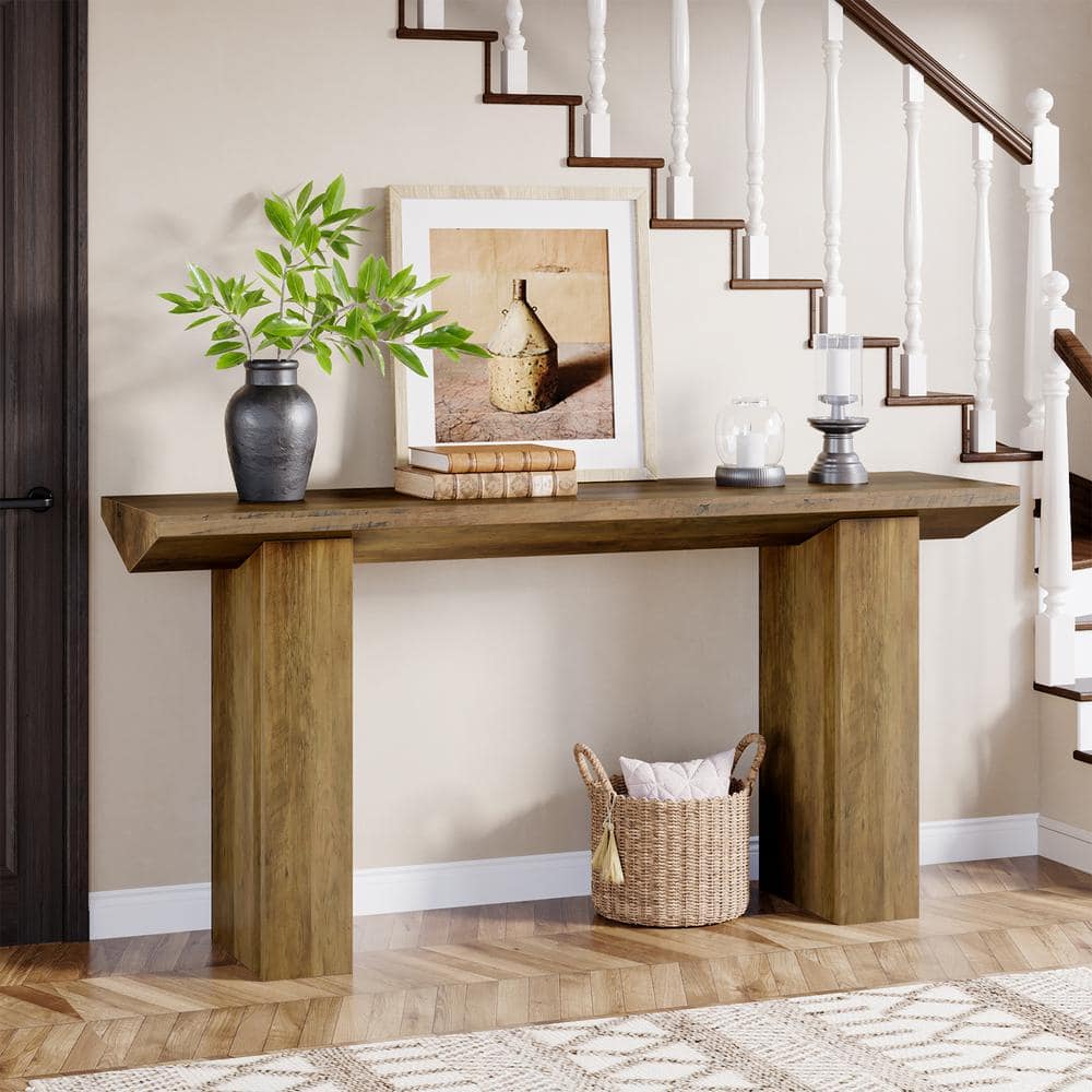 BYBLIGHT Turrella 62.9 in. Brown Rectangle Engineered Wood Console Table for Entryway BB ...