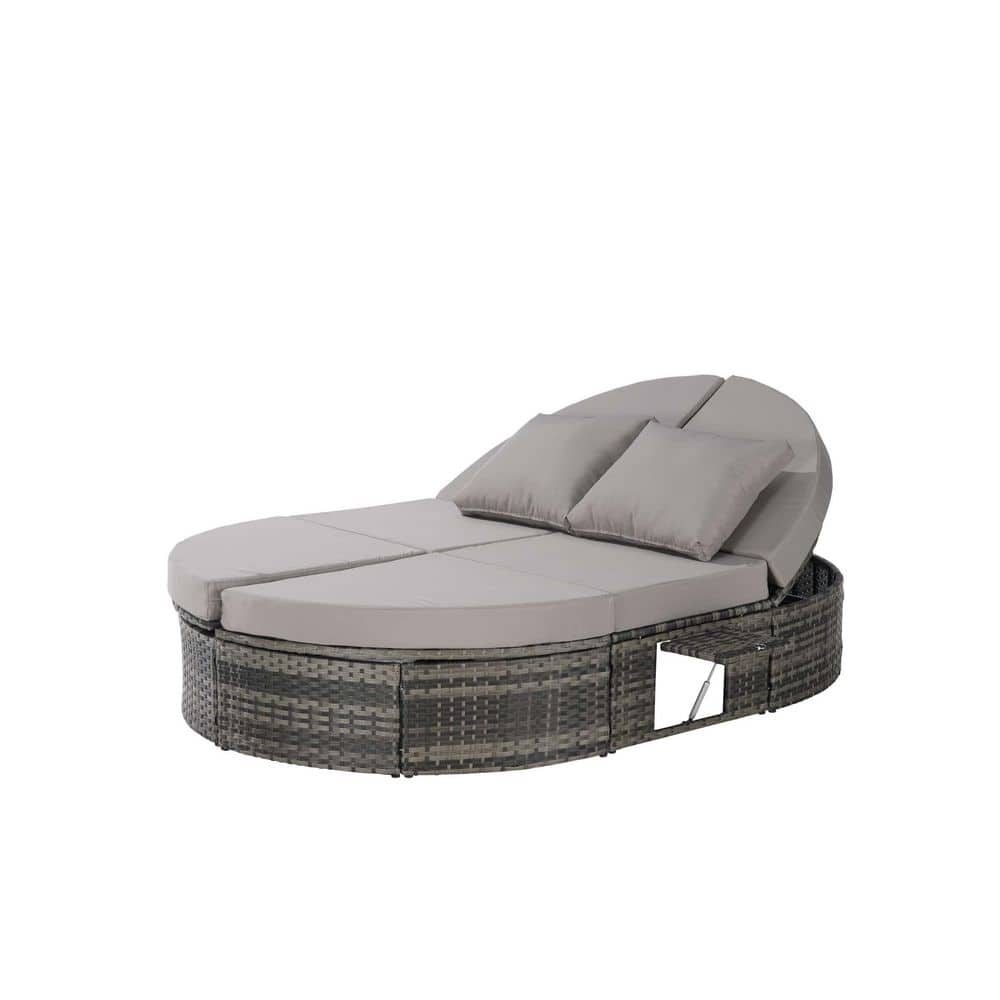 Wicker Rattan Outdoor Round Day Bed with Light Gray Cushions, Sun Bed ...