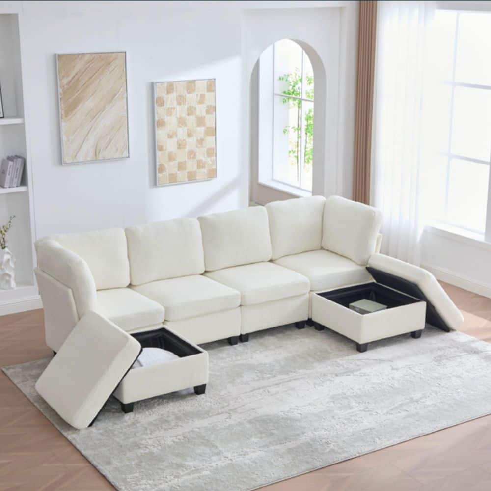 Noble House Whitney 113.39 in. Polyester U Shaped Modular Sectional Sofa in. Beige with Storage ...