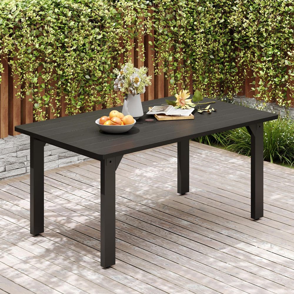 AURA OUTDOOR Dark Grey 60 in. Rectangular Metal Patio Outdoor Dining Table with Umbrella Hole ...