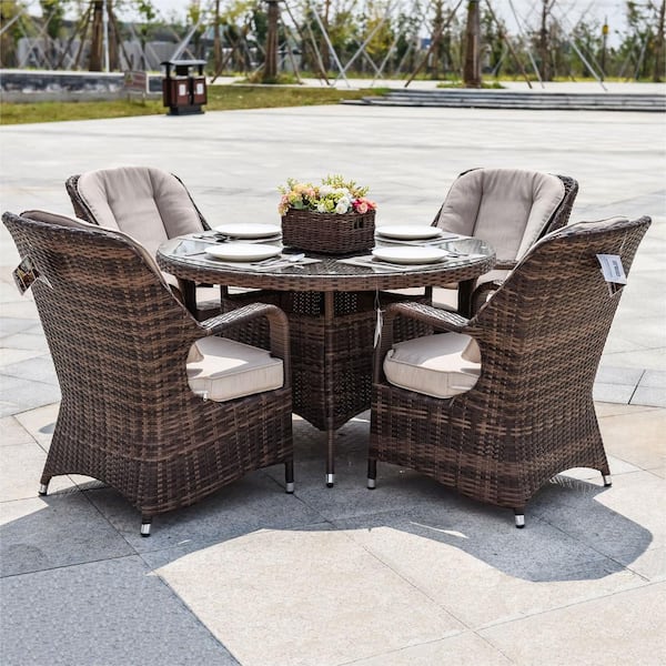 Brown 5 Piece Wicker Outdoor Dining Set with Beige Cushion