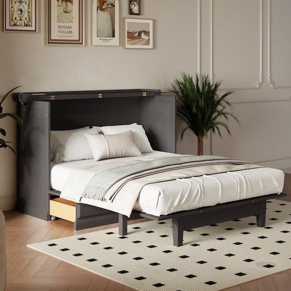 Gray Wood Frame Queen Size Murphy Bed Chest Cube Cabinet Bed with Charging Station and Large Storage Drawer