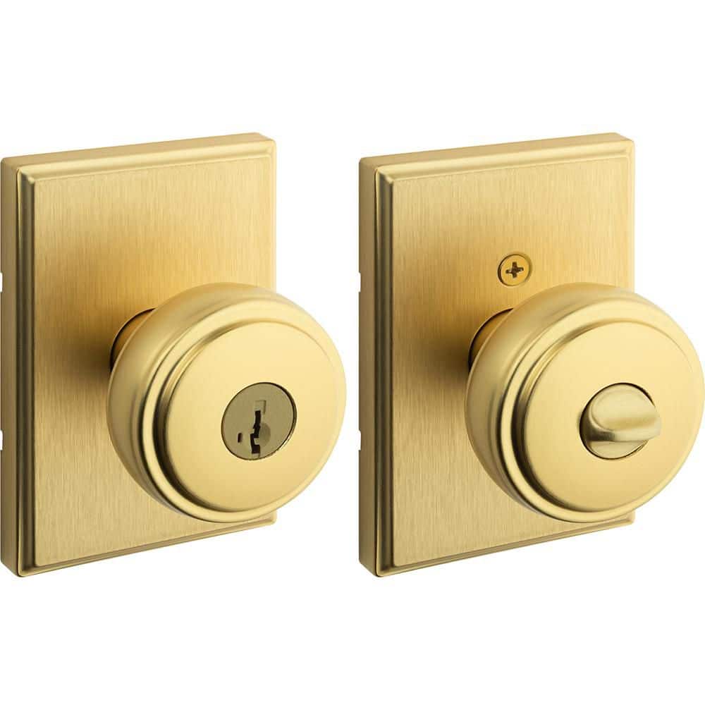 Kwikset Sora Satin Brass Keyed Entry 2.19 in. Rectangle Rose Round Door ...