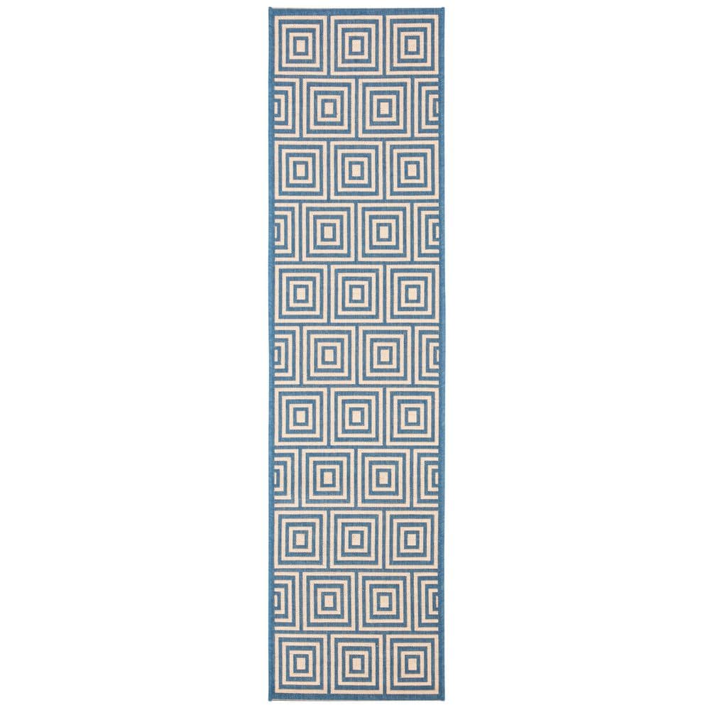 SAFAVIEH Linden Cream/Blue 2 ft. x 8 ft. Border Geometric Squares ...