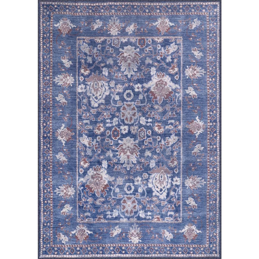 Beverly Rug Blue 8 ft. x 10 ft. Stain Free Floral Washable Indoor Area ...