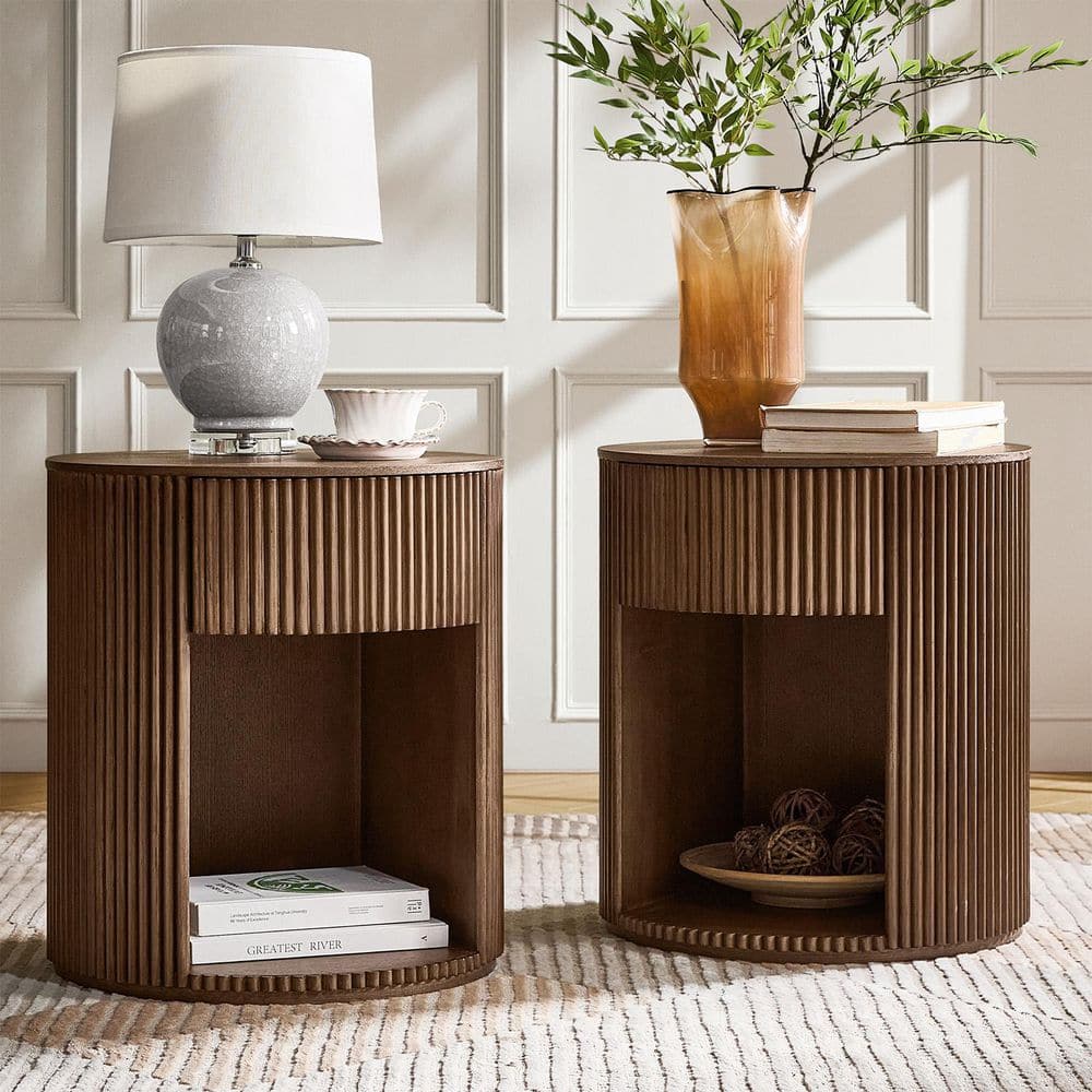 JAYDEN CREATION Falko 19.75 in. Walnut Round Wood End Table with Fluted ...