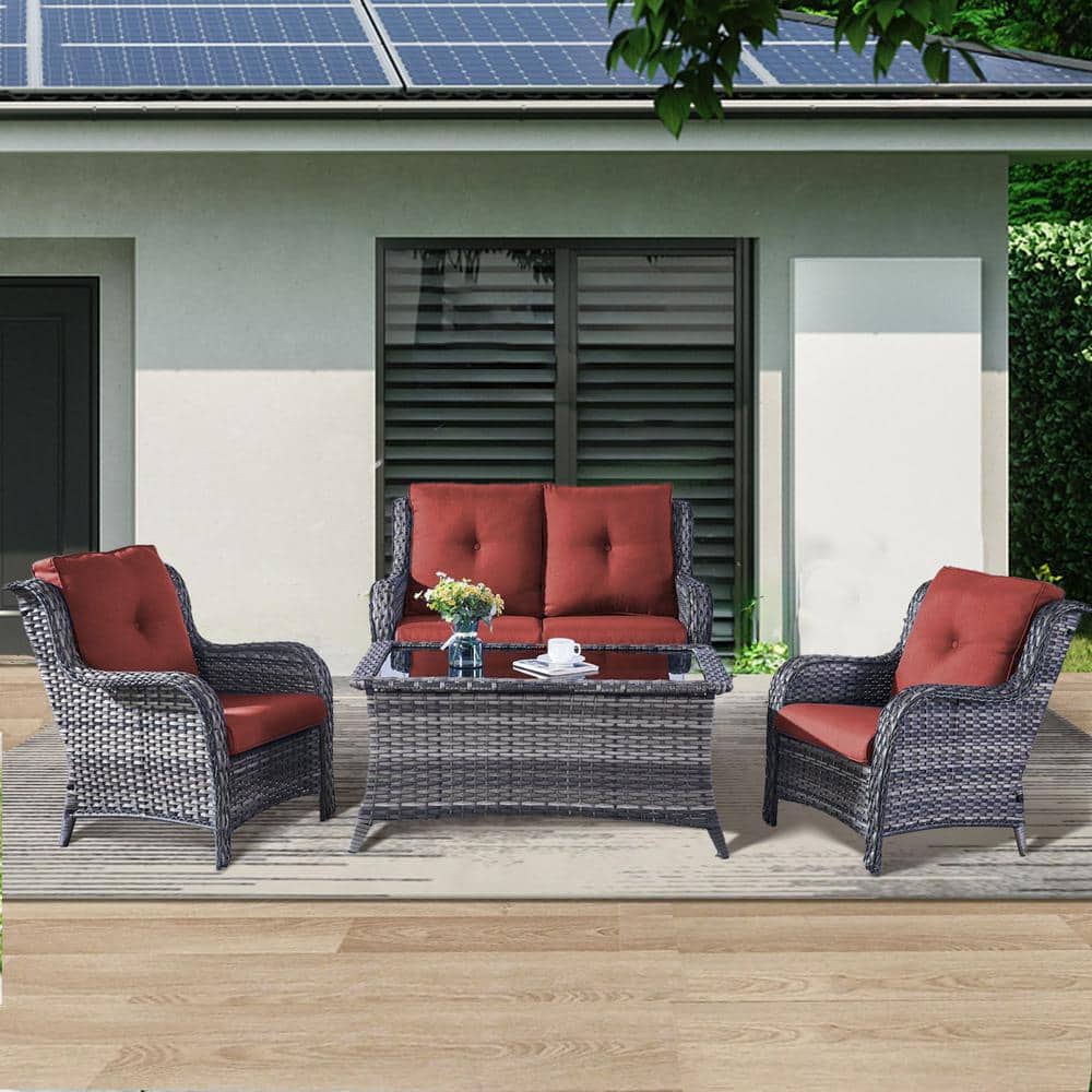Gymojoy Carolina Gray 4-Piece Wicker Patio Conversation Set with Red ...
