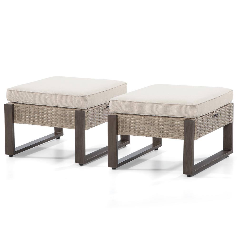 JOYSIDE Wicker Outdoor Patio Ottoman with Steel Frame and Beige ...