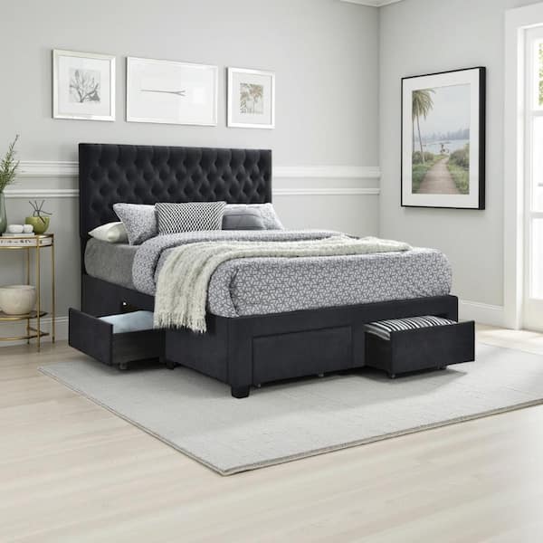 Benjara Black Wood Frame King Size Panel Bed with Bottom Drawers ...