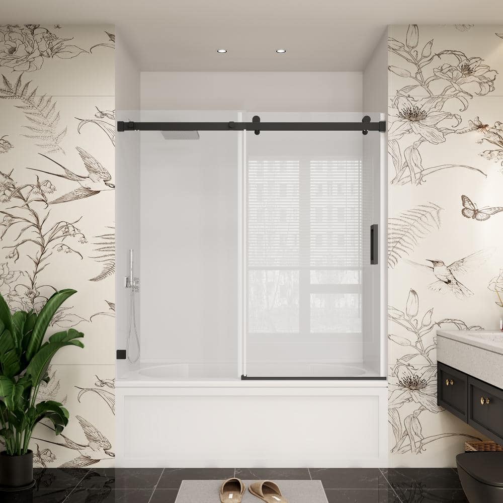 YINVANI 60 in. W x 66 in. H Single Sliding Frameless Soft Close Bypass ...