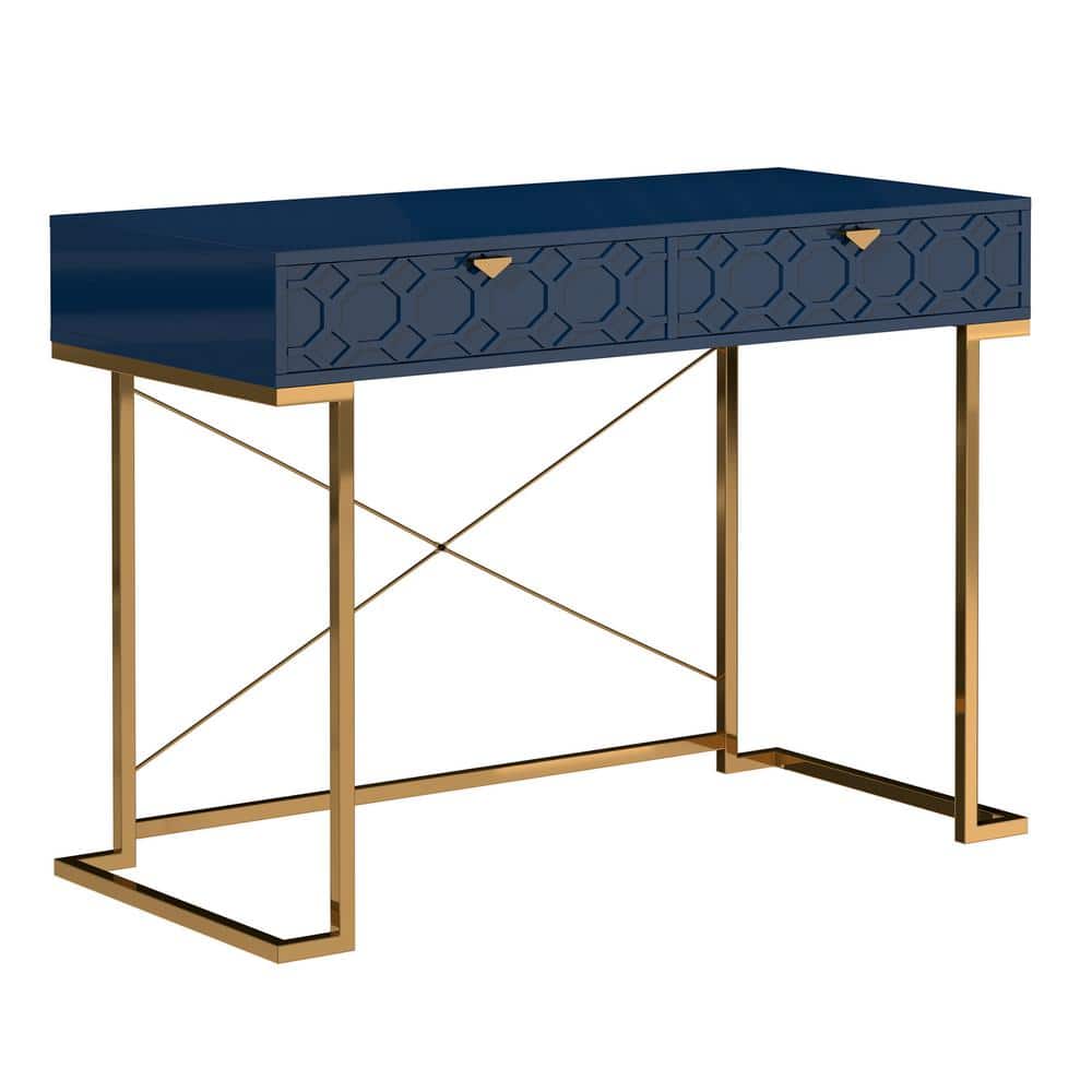 Boyel Living 42 in. Rectangular Blue Solid Wood Writing Desk with Metal ...
